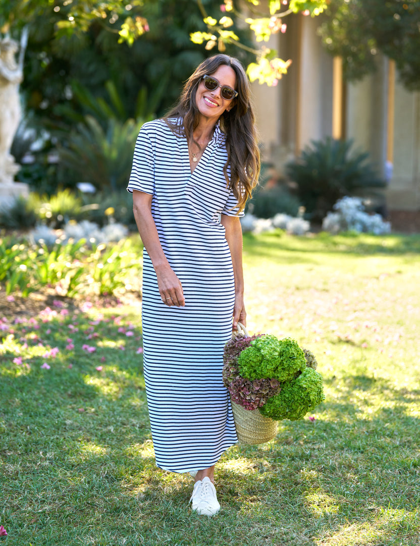 Emma, Popover Henley Maxi Dress, Navy Stripe | Frank & Eileen
