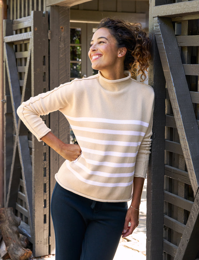 Monterey, Rolled Funnel Neck Sweater, Tan Stripe | Frank & Eileen
