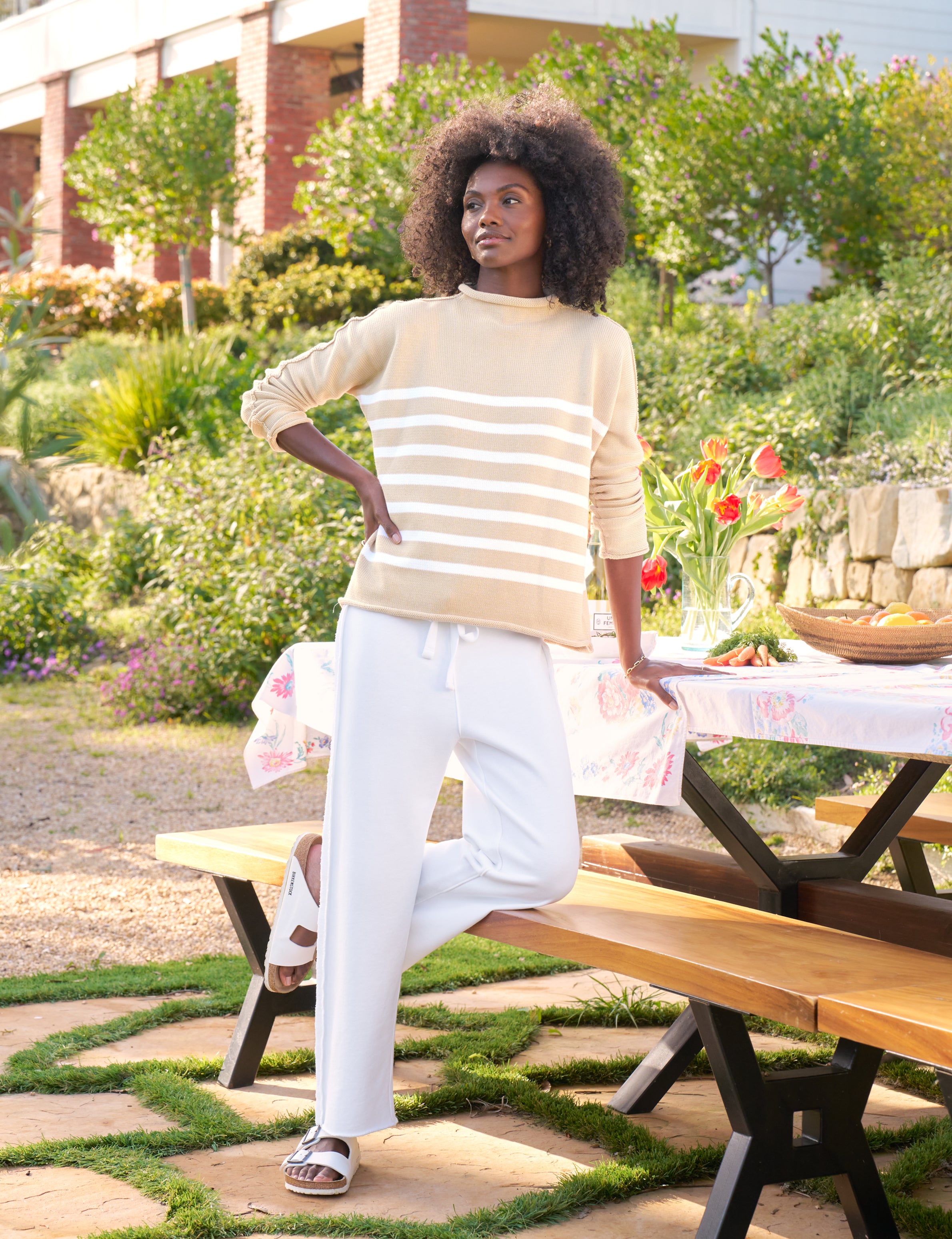 Monterey, Rolled Funnel Neck Sweater, Tan Stripe | Frank & Eileen