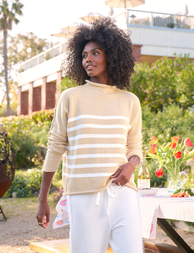 Monterey, Rolled Funnel Neck Sweater, Tan Stripe | Frank & Eileen