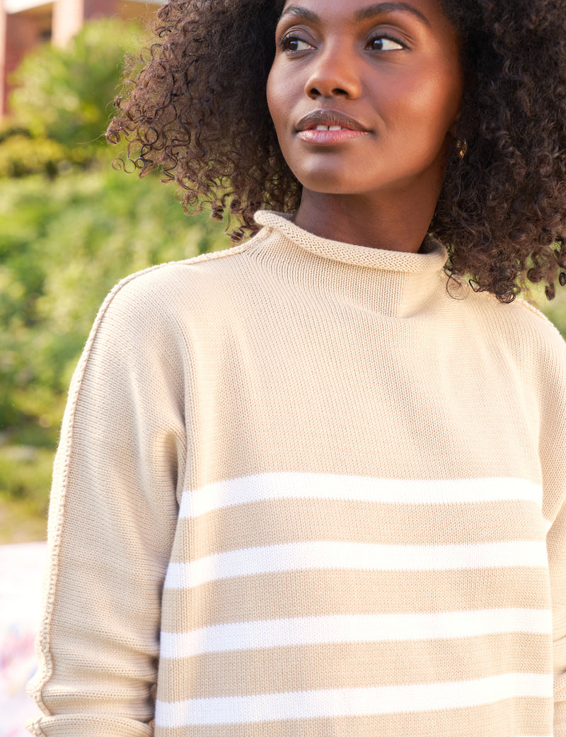 Monterey, Rolled Funnel Neck Sweater, Tan Stripe | Frank & Eileen