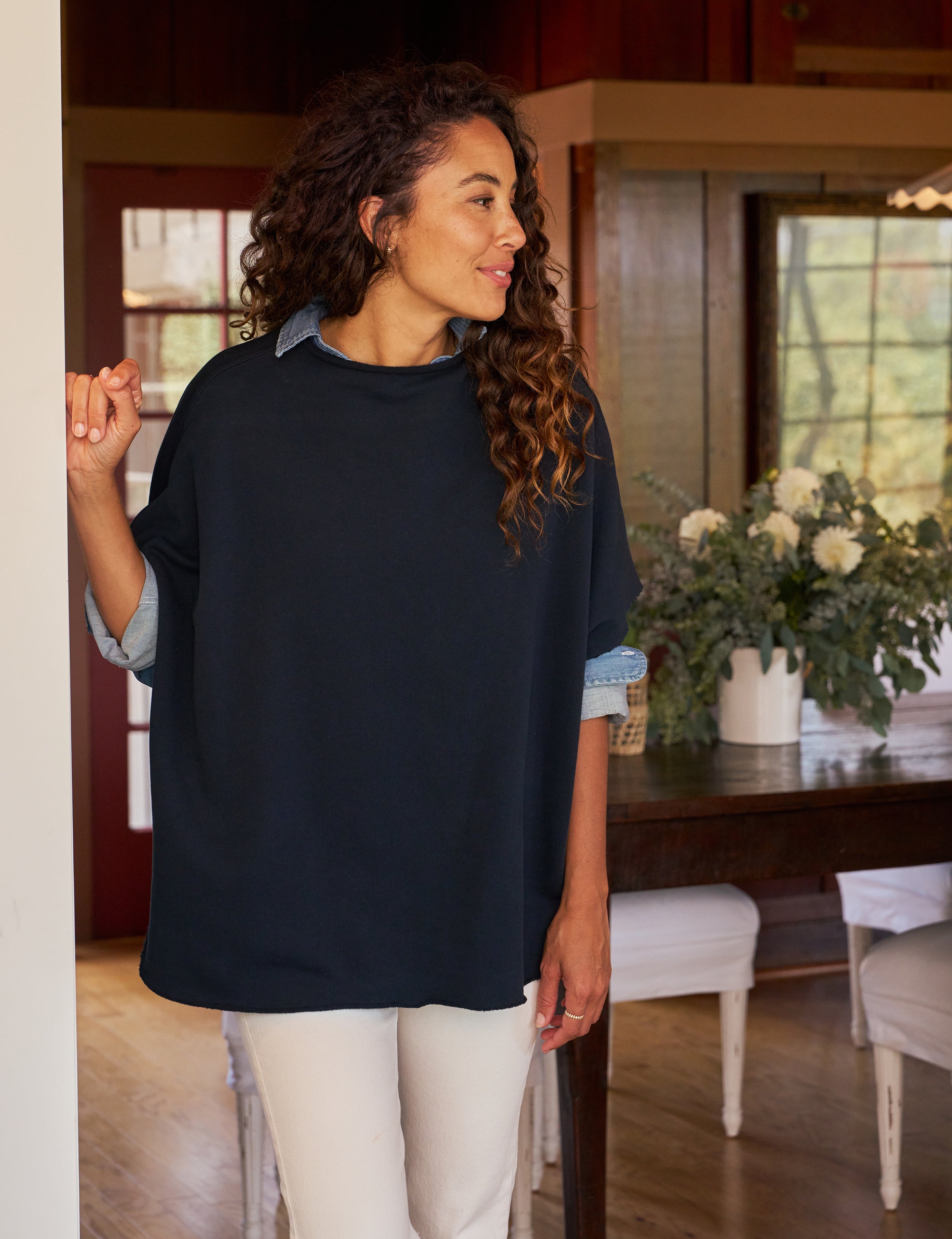 Audrey, Funnel Neck Capelet, Navy | Frank & Eileen