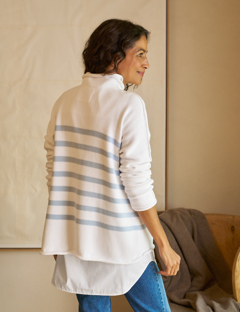 Monterey, Rolled Funnel Neck Sweater, Light Blue Stripe | Frank & Eileen