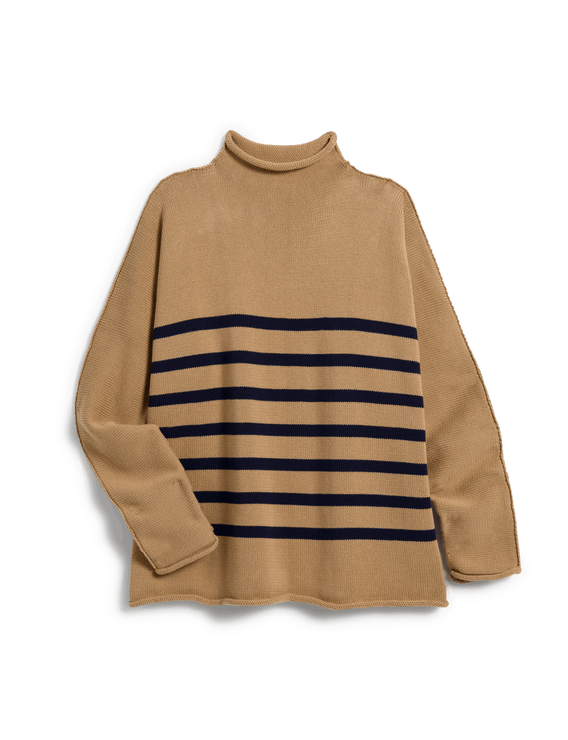 Monterey, Rolled Funnel Neck Sweater, Tan Navy Stripe | Frank & Eileen
