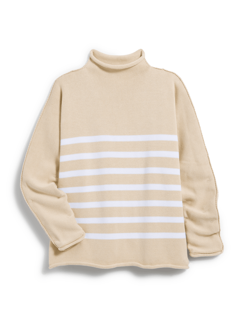 Monterey, Rolled Funnel Neck Sweater, Tan Stripe | Frank & Eileen