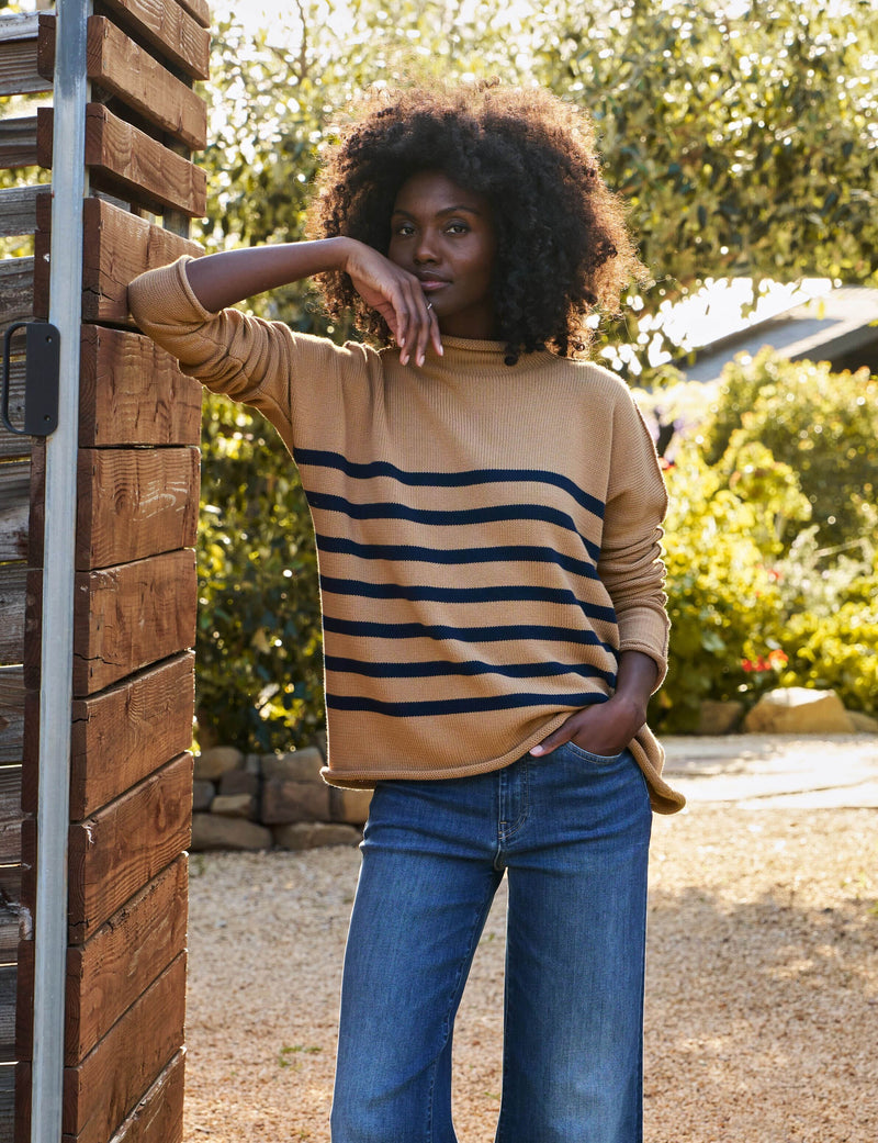 Monterey, Rolled Funnel Neck Sweater, Tan Navy Stripe | Frank & Eileen